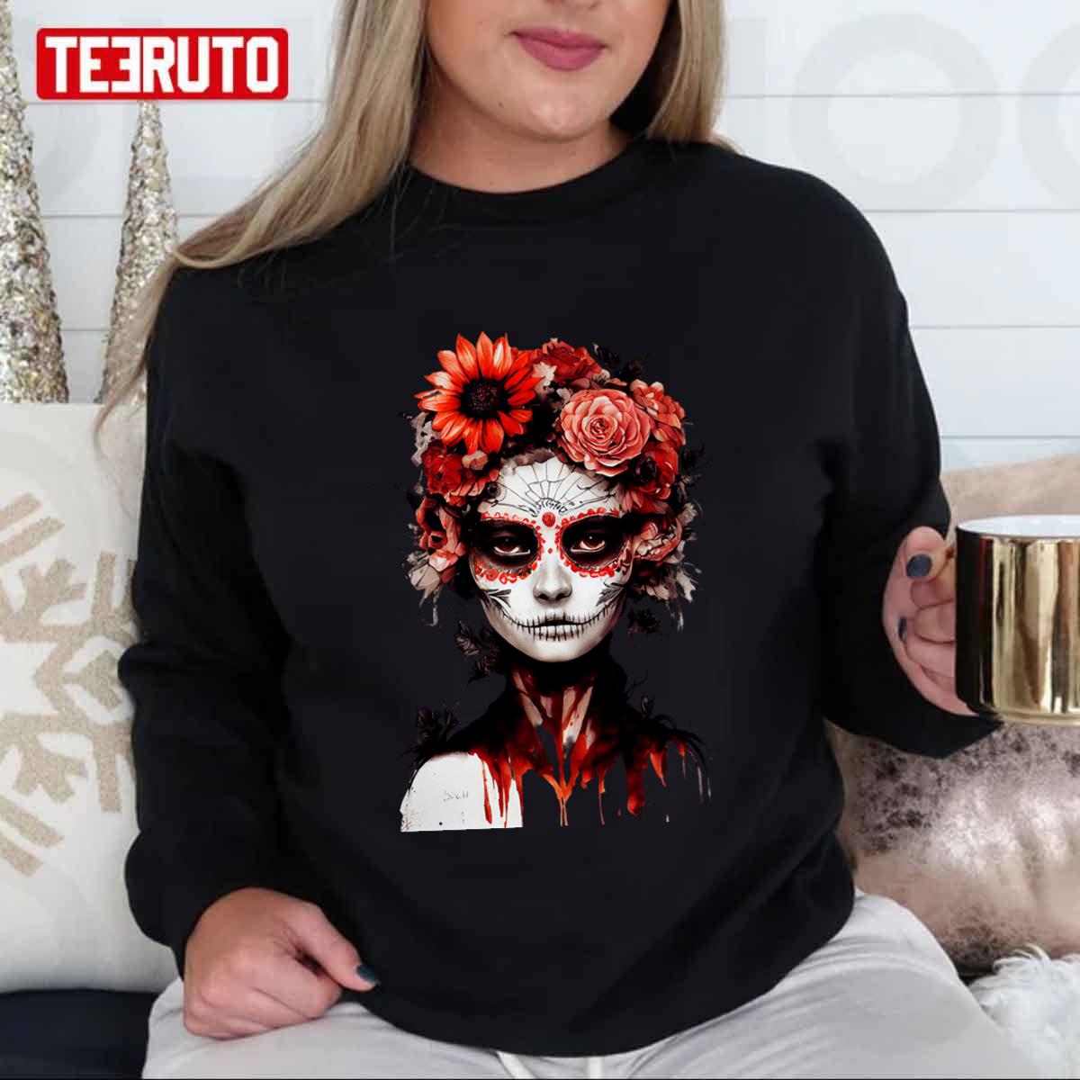 Red Catrina Day Of The Dead Flower Mexico Unisex T-shirt - Teeruto