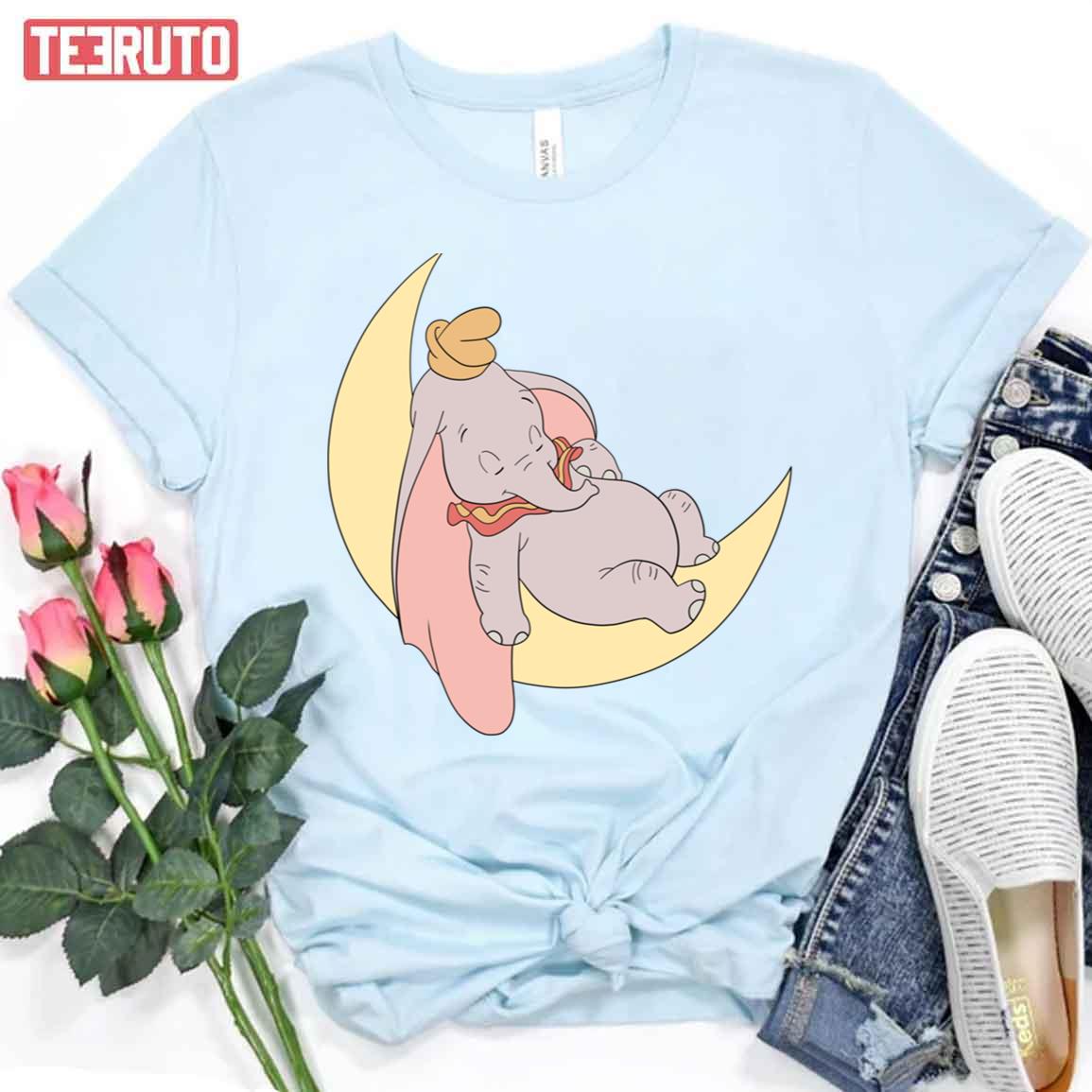 Cute Sleeping Baby Dumbo Elephant On Moon Unisex T-Shirt - Teeruto