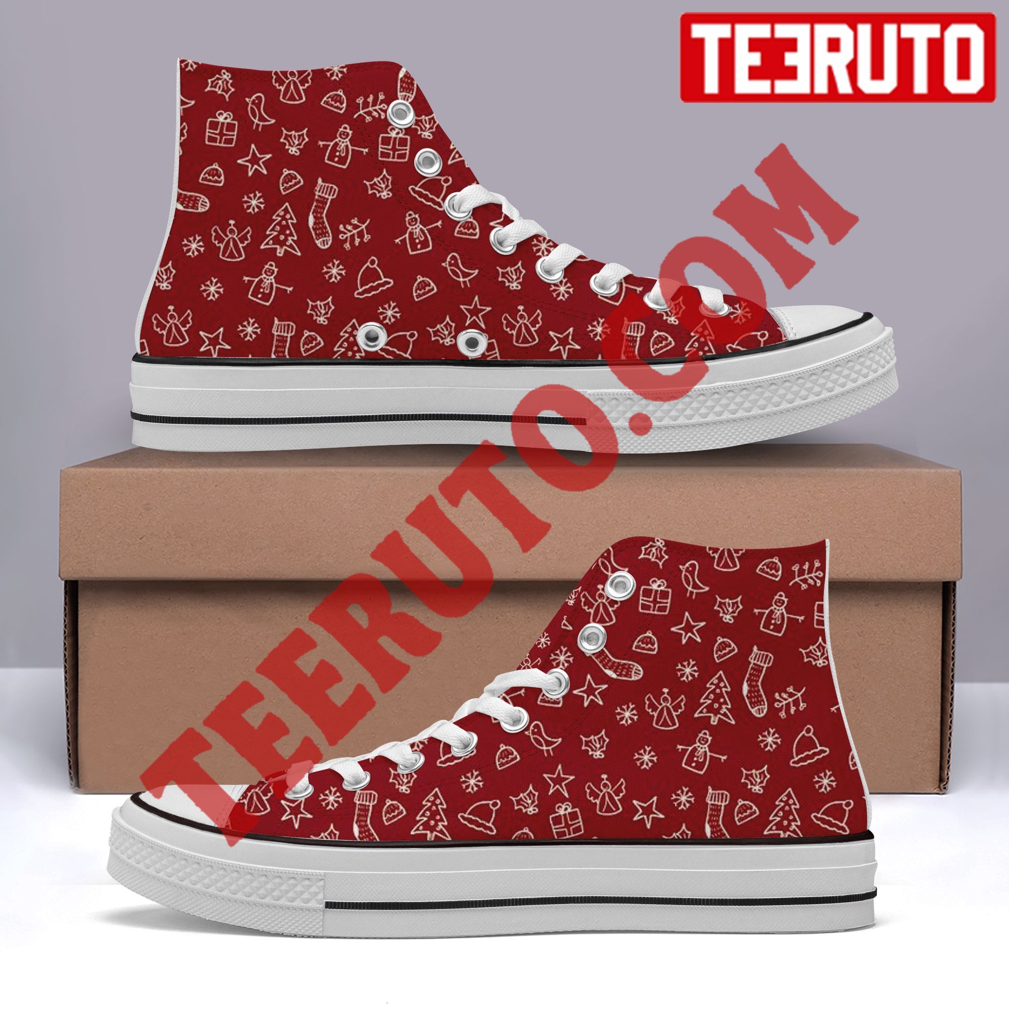 Red Christmas Themed Repeating Pattern High Top Retro Shoes - Teeruto