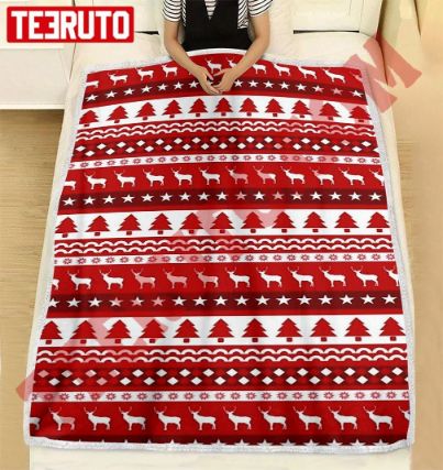 Red Christmas Pattern Pine Tree Reindeer Fleece Blanket - Teeruto